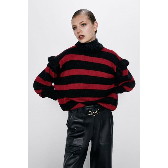 Zara | Sweaters | Zara Women Striped Sweater Tulle Ruffle Neck Detail ...